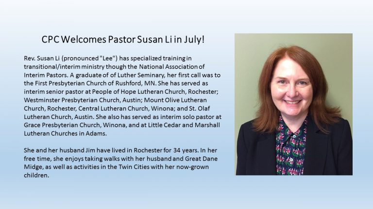 Pastor Susan begins July 1st!